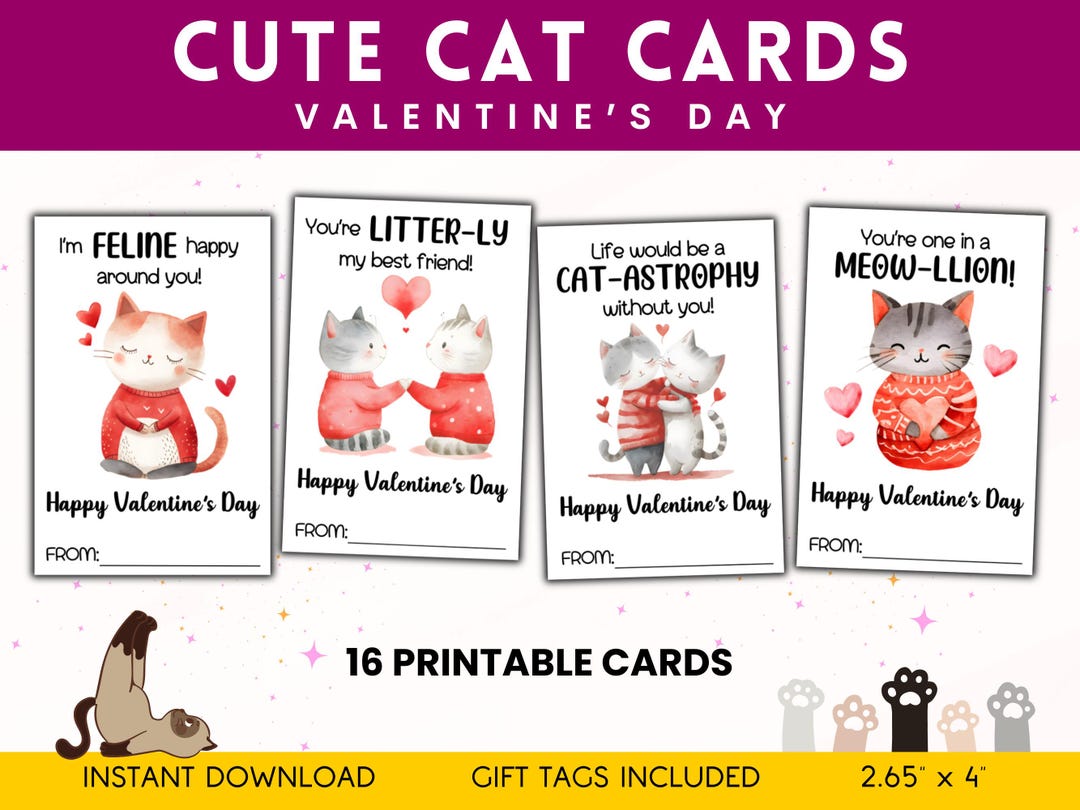 Printable Cat Valentine Cards, Cat Lovers Greeting Cards, Valentine's ...