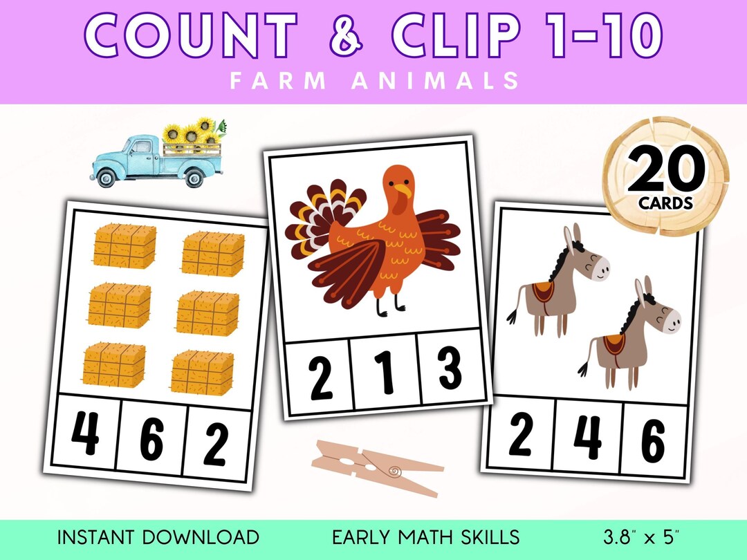 Farm Animals Counting Clip Cards, Learn to Count to 10, Exercises for ...