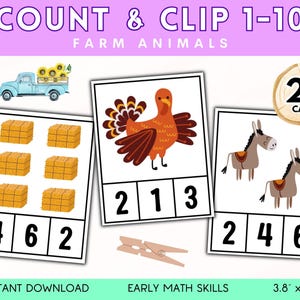 Farm Animals Counting Clip Cards, Learn to Count to 10, Exercises for ...