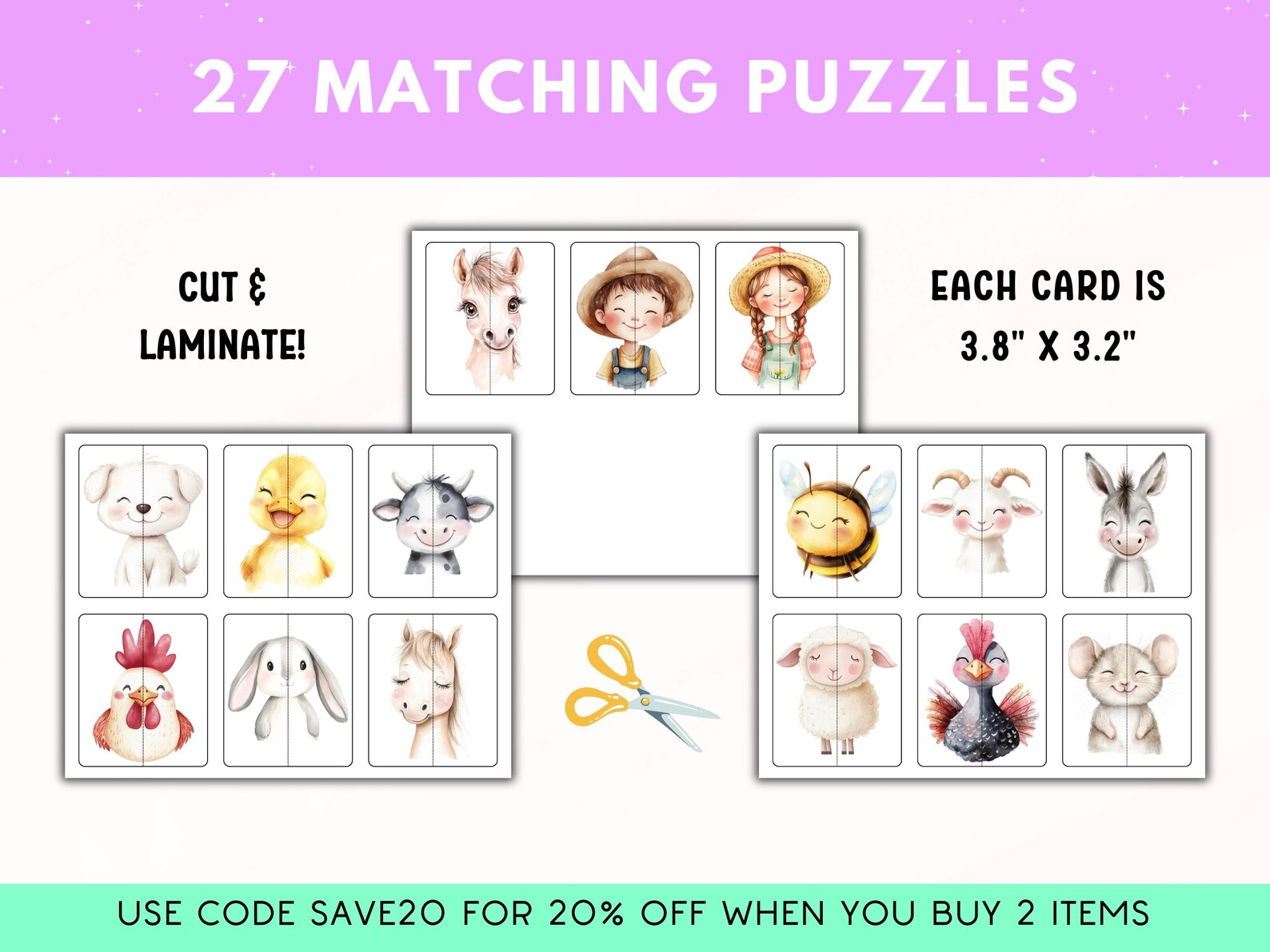 Farm Animal Matching Cards, Printable Kids Game, Preschool Learning ...