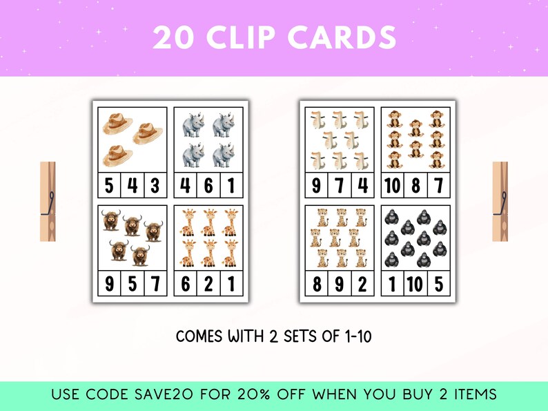 Safari Counting Clip Cards, Numbers 1 to 10, Toddler Learn to Count ...