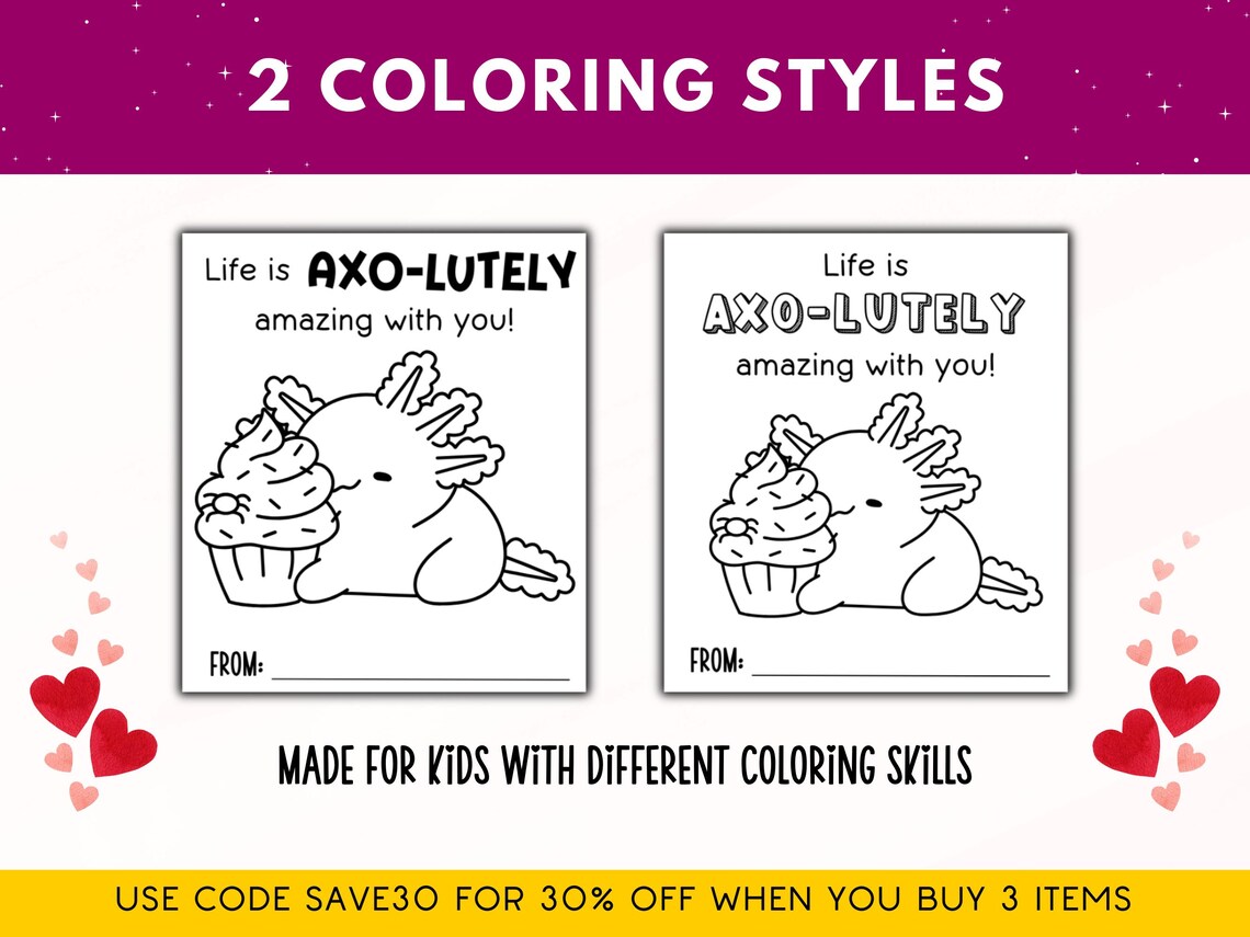 Axolotl Coloring Pages, Axolotl Valentine's Day Cards, Printable ...