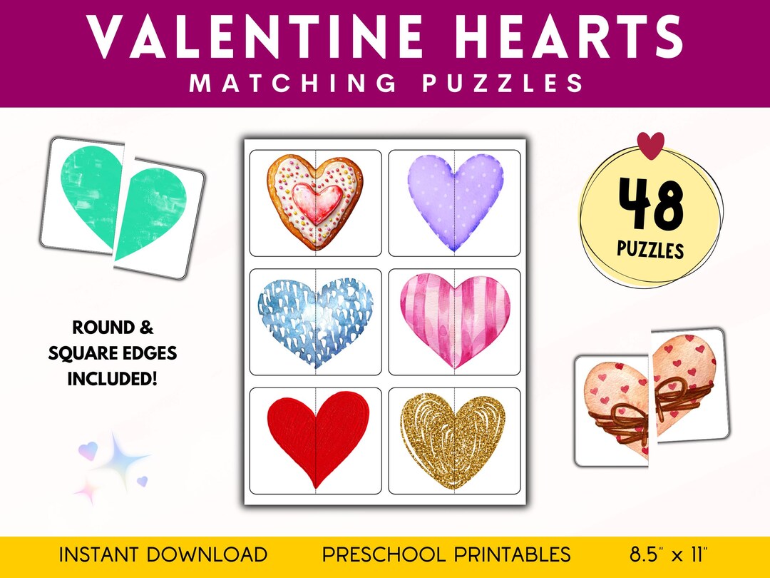 Valentine's Day Matching Game, Printable Puzzles for Kids, Heart ...