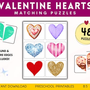 Valentine's Day Matching Game, Printable Puzzles for Kids, Heart ...