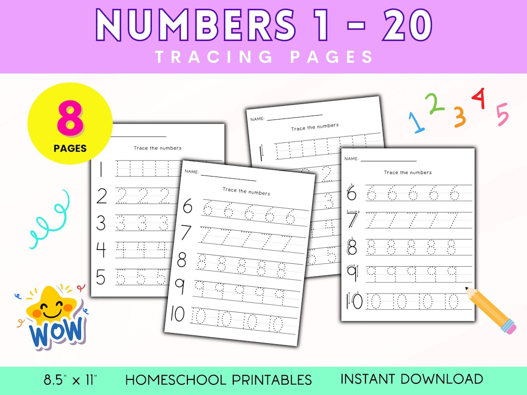 Tracing Numbers 1-20 Worksheets: Preschool Handwriting Practice ...