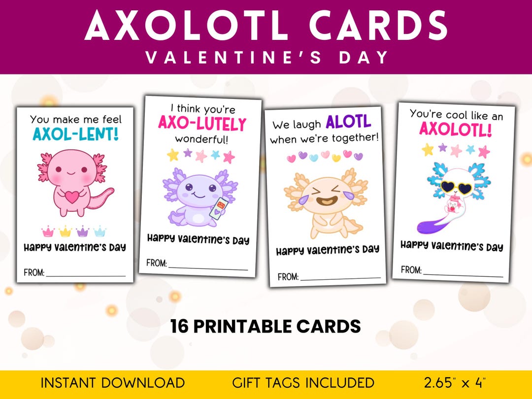 Axolotl Valentine's Day Cards, Printable Classroom Valentine Gift Tags ...