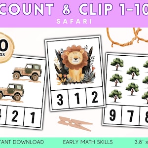Safari Counting Clip Cards, Numbers 1 to 10, Toddler Learn to Count ...