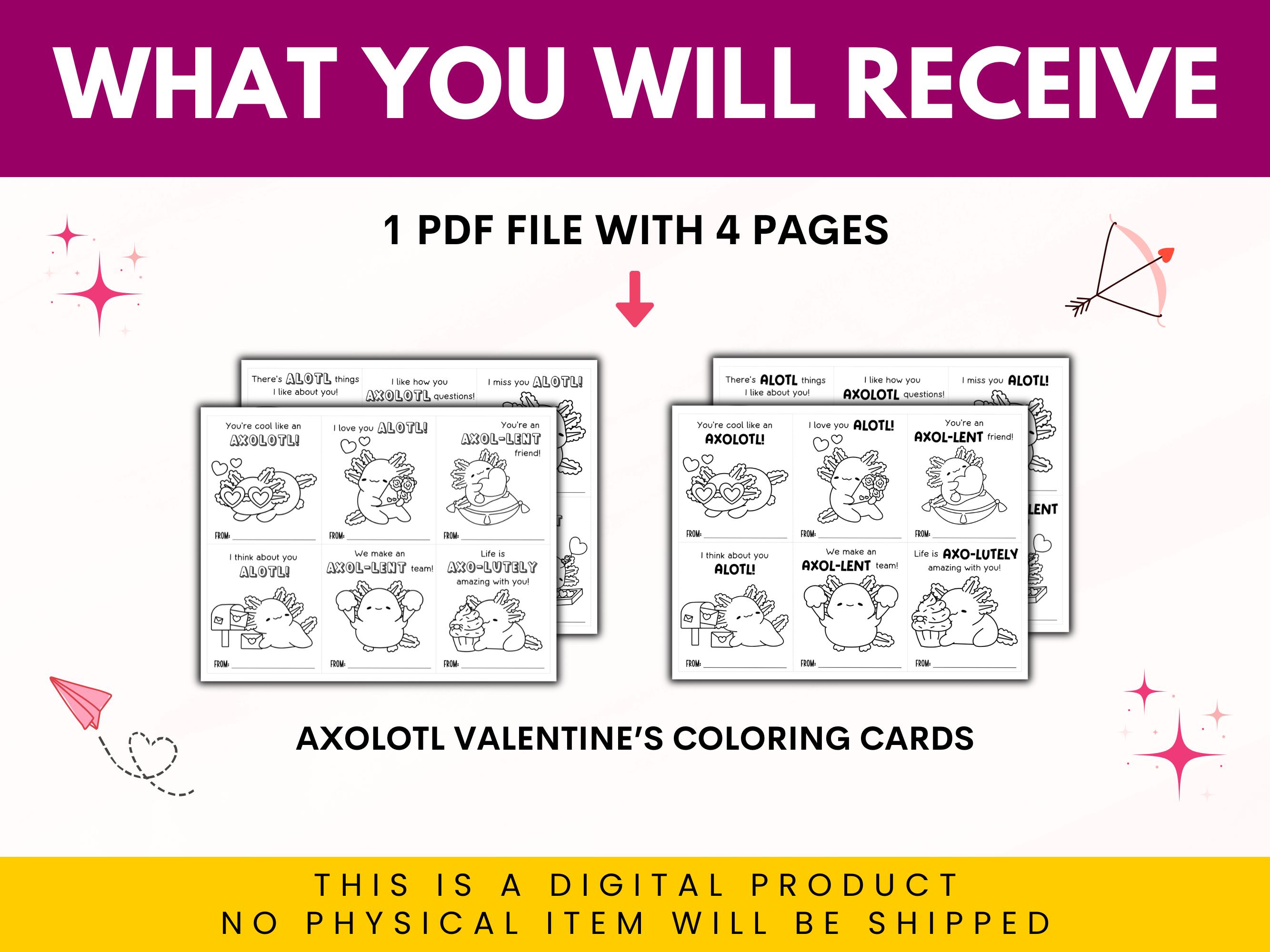 Axolotl Coloring Pages, Axolotl Valentine's Day Cards, Printable ...