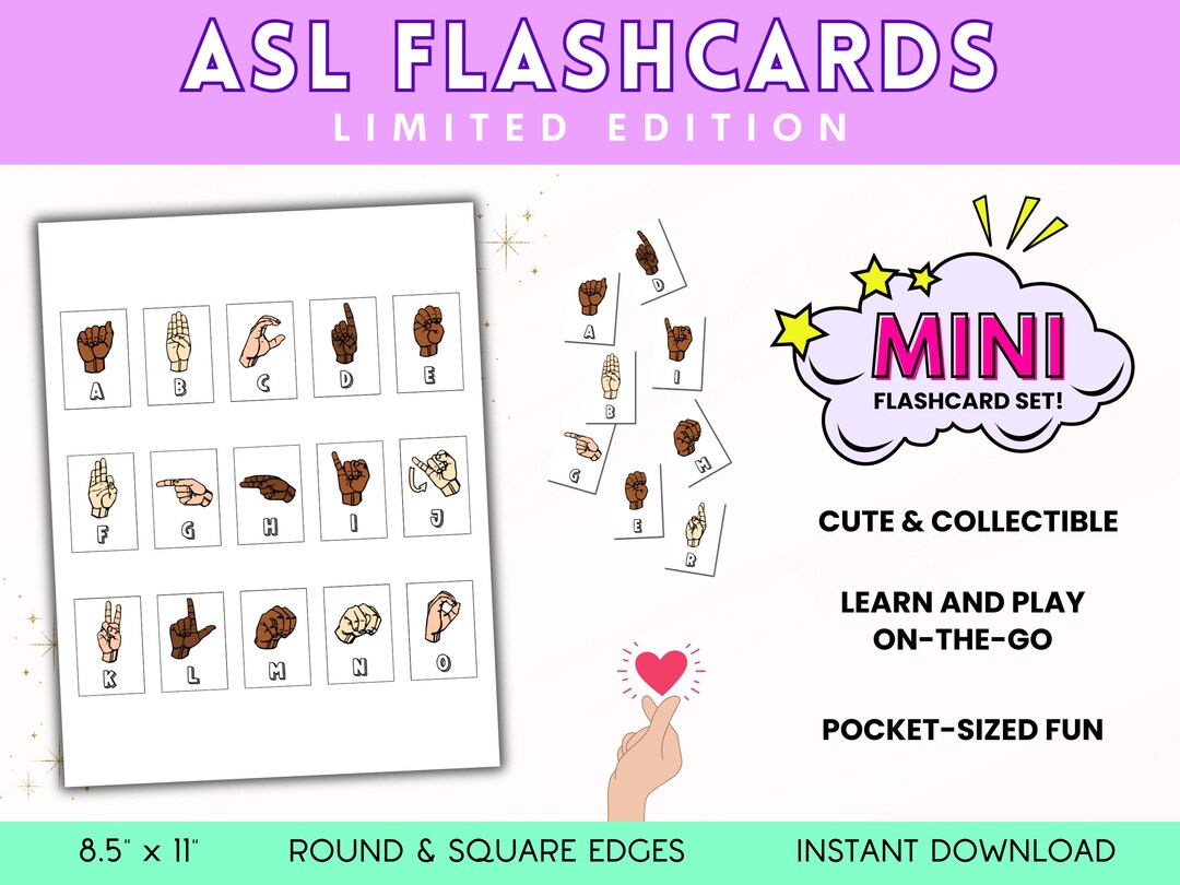 American Sign Language Printable, Educational Flashcards, Mini ASL ...
