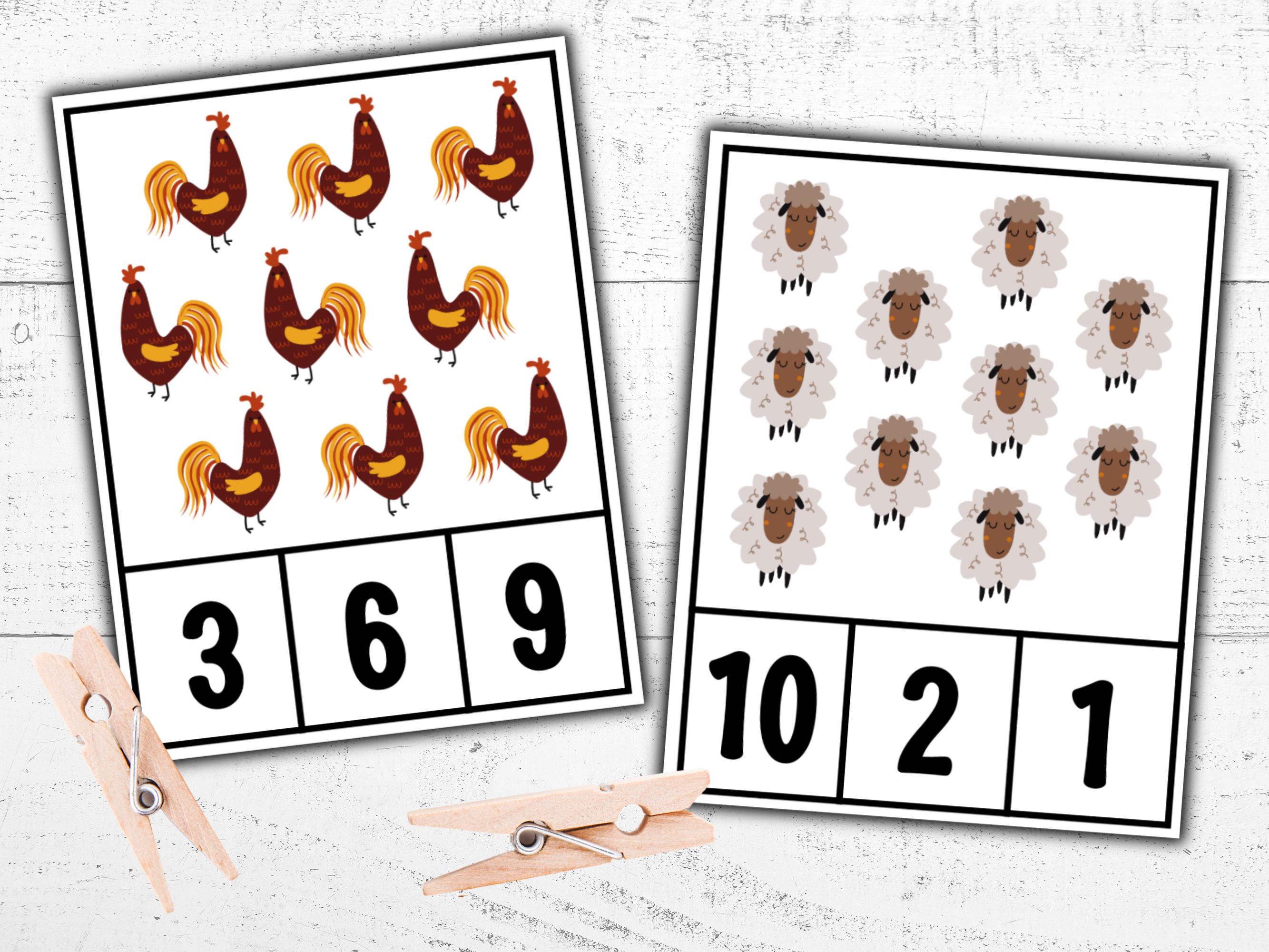 Farm Animals Counting Clip Cards, Learn to Count to 10, Exercises for ...