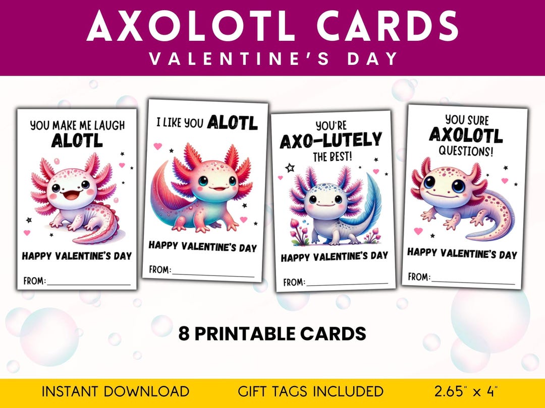 Axolotl Valentine's Day Cards for Kids, Printable Valentines Classroom ...