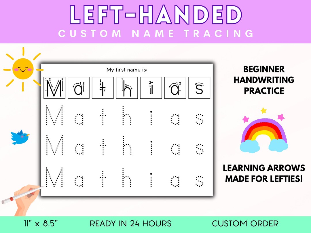 Left-handed Name Tracing Printable, Custom Handwriting Practice Sheets ...