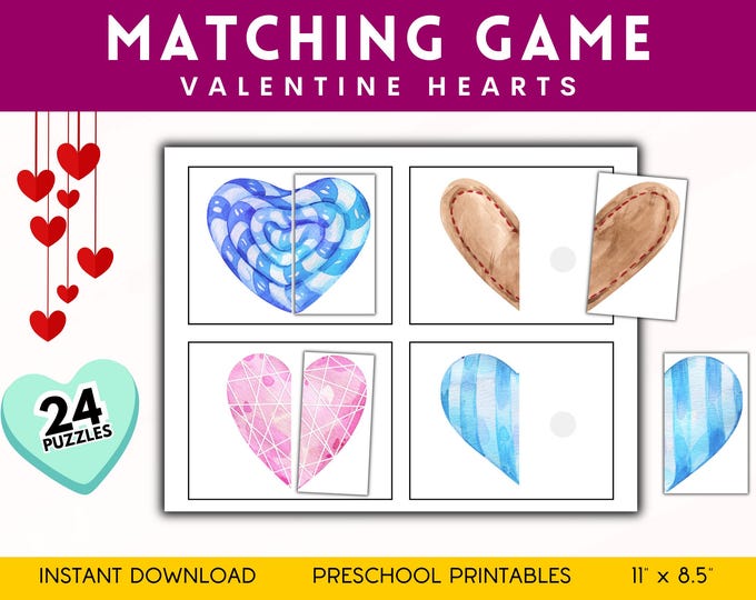 Printable Valentine's Day Activity, Matching Cards for Kids, Heart ...