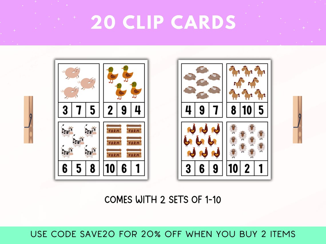 Farm Animals Counting Clip Cards, Learn to Count to 10, Exercises for ...