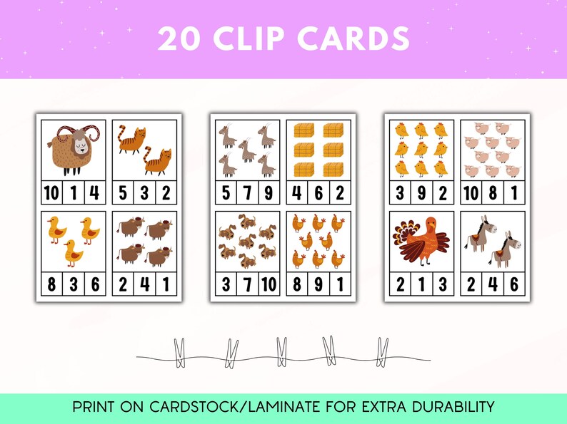 Farm Animals Counting Clip Cards, Learn to Count to 10, Exercises for ...