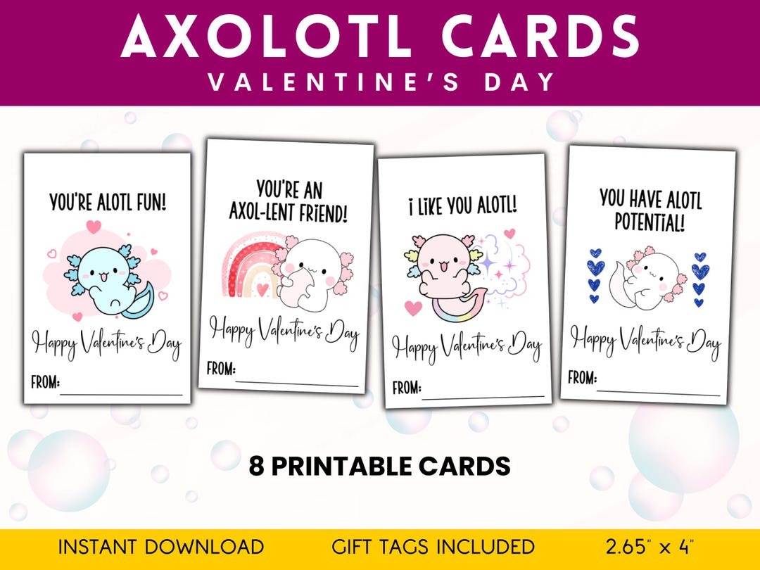 Axolotl Valentine Card, Classroom Valentine's Day Cards, Kids ...