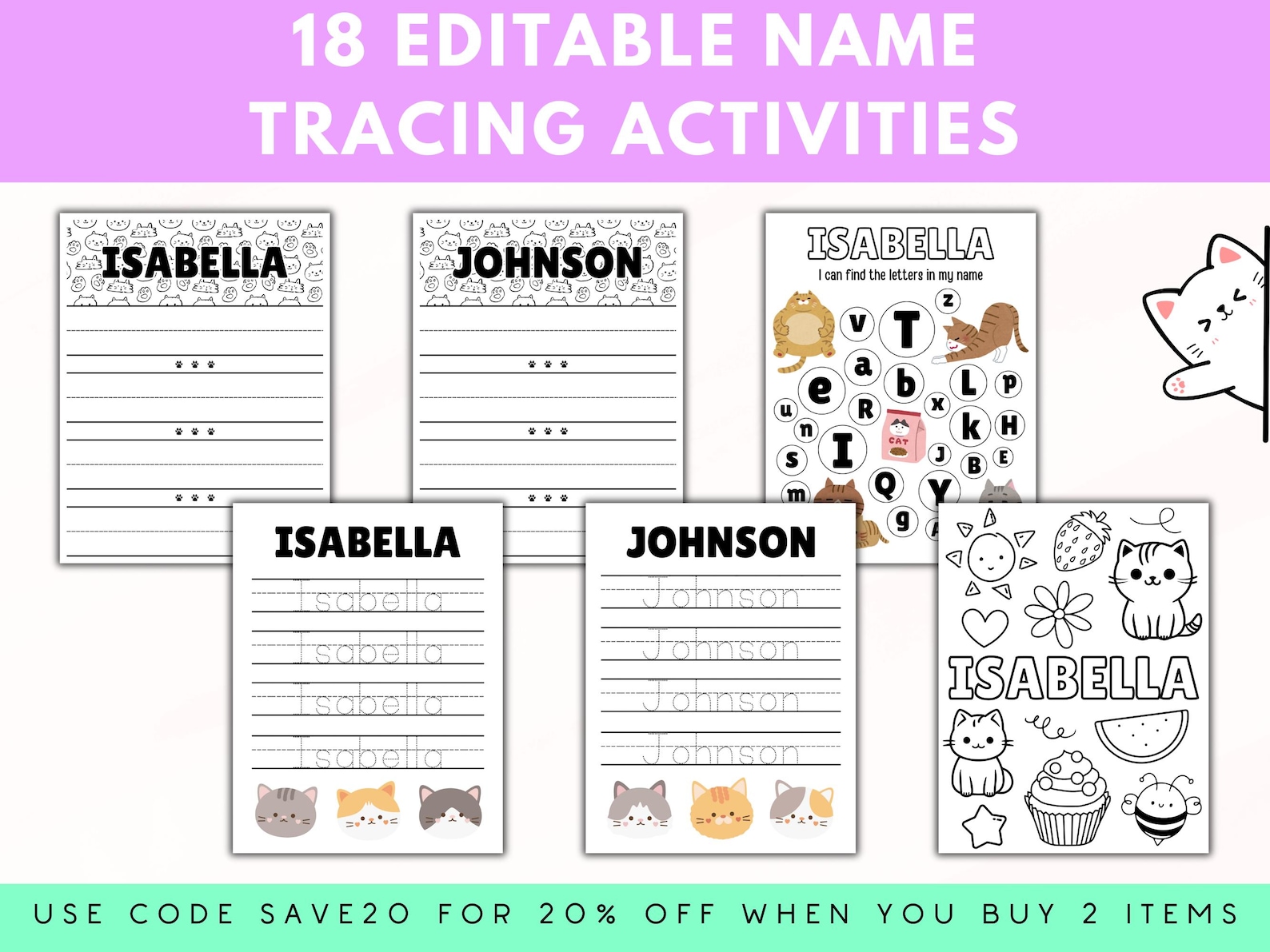 Editable Name Tracing Worksheet: Cat-themed Handwriting Practice, Pre-k ...