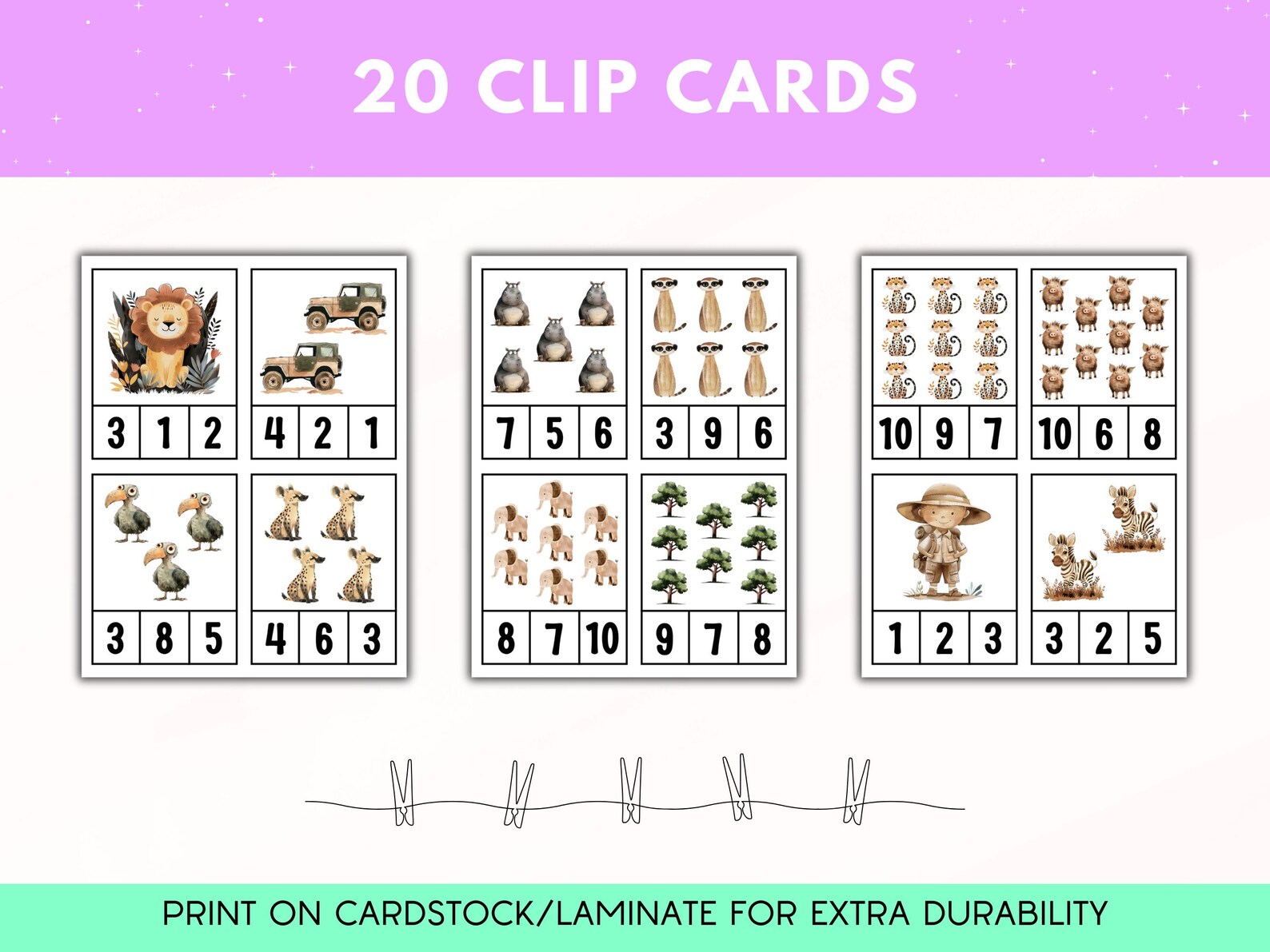 Safari Counting Clip Cards, Numbers 1 to 10, Toddler Learn to Count ...
