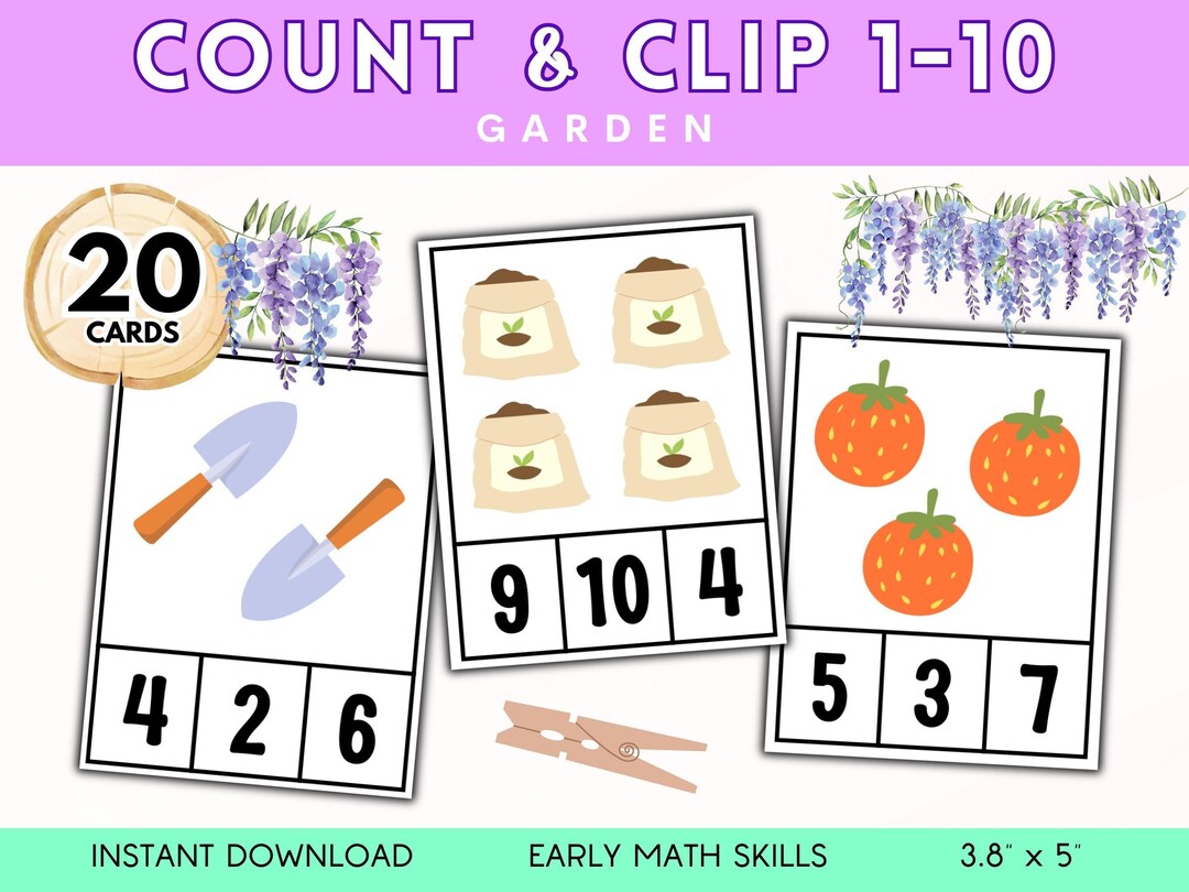 Garden Count and Clip Cards, Numbers 1 to 10, Printable Flashcards for ...