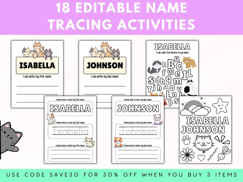 Editable Name Tracing Worksheet: Cat-themed Handwriting Practice, Pre-k ...