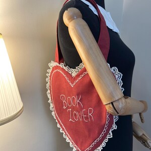 Heart Shaped Tote Bag, Book Lover Gift, Red Tote Bag, Hand Embroidered ...