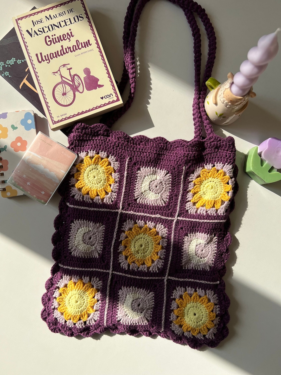 Moon and Stars Themed Crochet Bag, Handmade Large Tote Bag, Crochet ...
