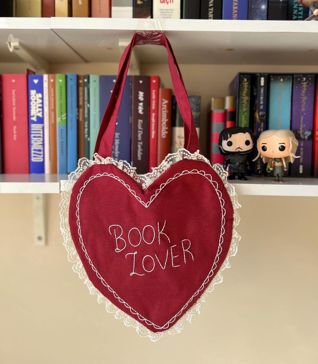 Heart Shaped Tote Bag, Book Lover Gift, Red Tote Bag, Hand Embroidered Gift, Aesthetic Bag, Book ...