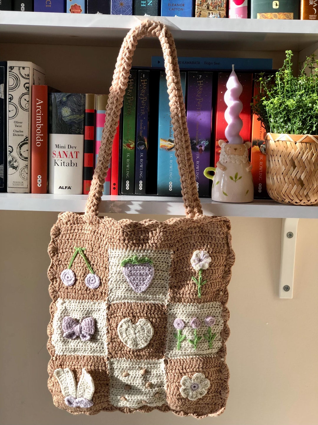 Lilac Crochet Bag, Cute Cherry Bag, Gift for Friends, Knit Tote Bag ...