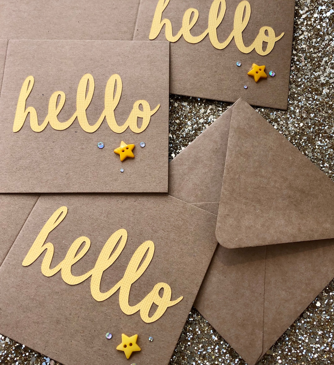 Set X3 ' Hello ' Note Cards - Handmade - Kraft Brown - Yellow - Star ...