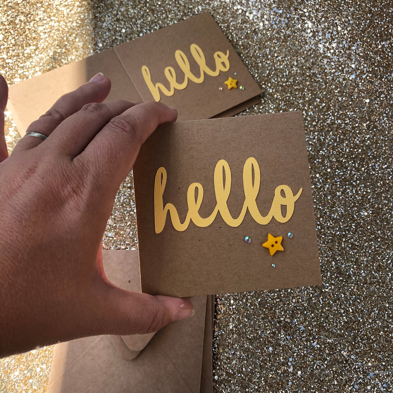 Set X3 ' Hello ' Note Cards Handmade Kraft Brown Yellow Star Crystals ...