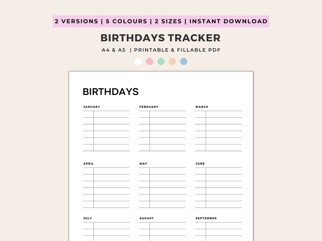Birthday Tracker Printable Template, Birthday List, Occasion Reminder ...