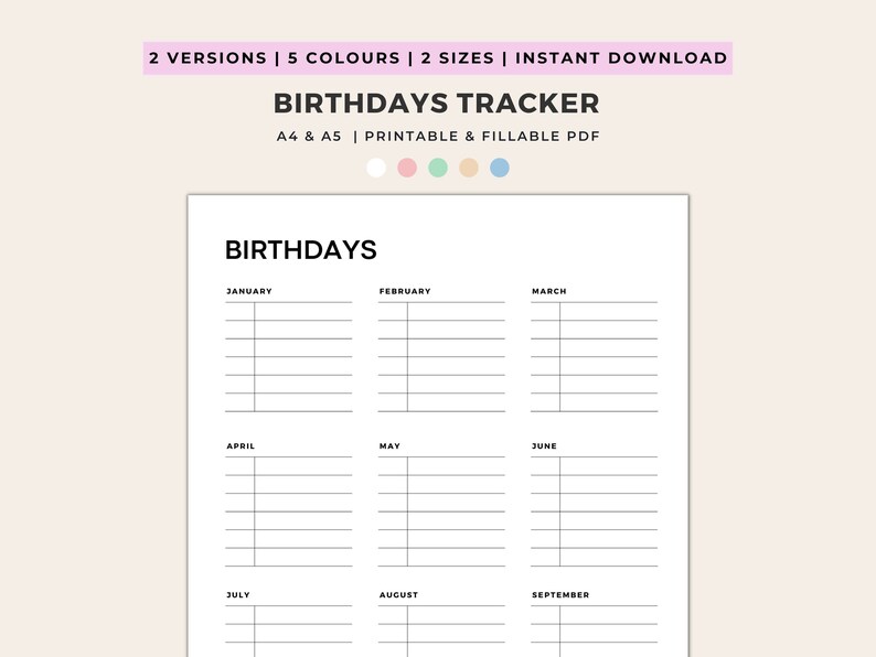 Birthday Tracker Printable Template, Birthday List, Occasion Reminder ...