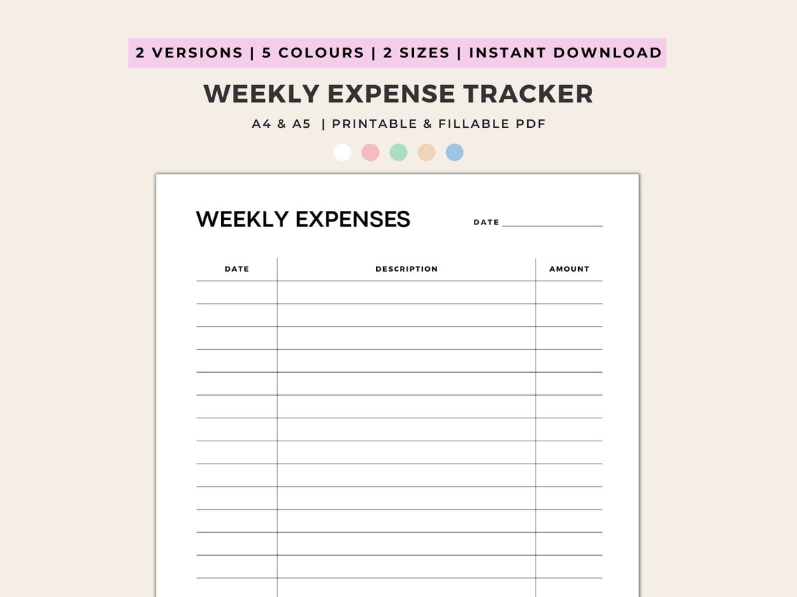 Simple Weekly Expense Tracker Printable, Weekly Spending Log, Money ...