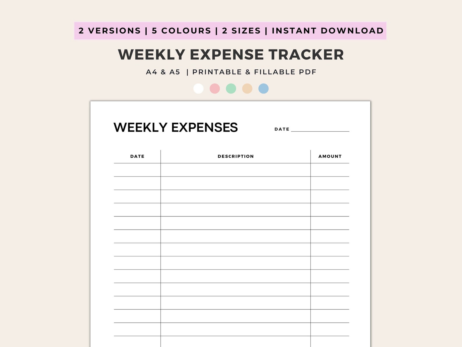 Simple Weekly Expense Tracker Printable, Weekly Spending Log, Money ...