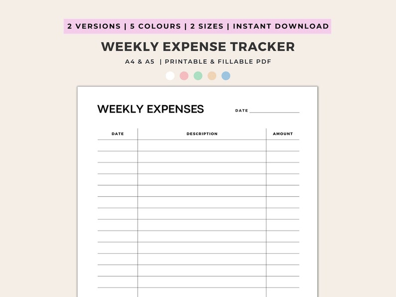 Simple Weekly Expense Tracker Printable, Weekly Spending Log, Money ...