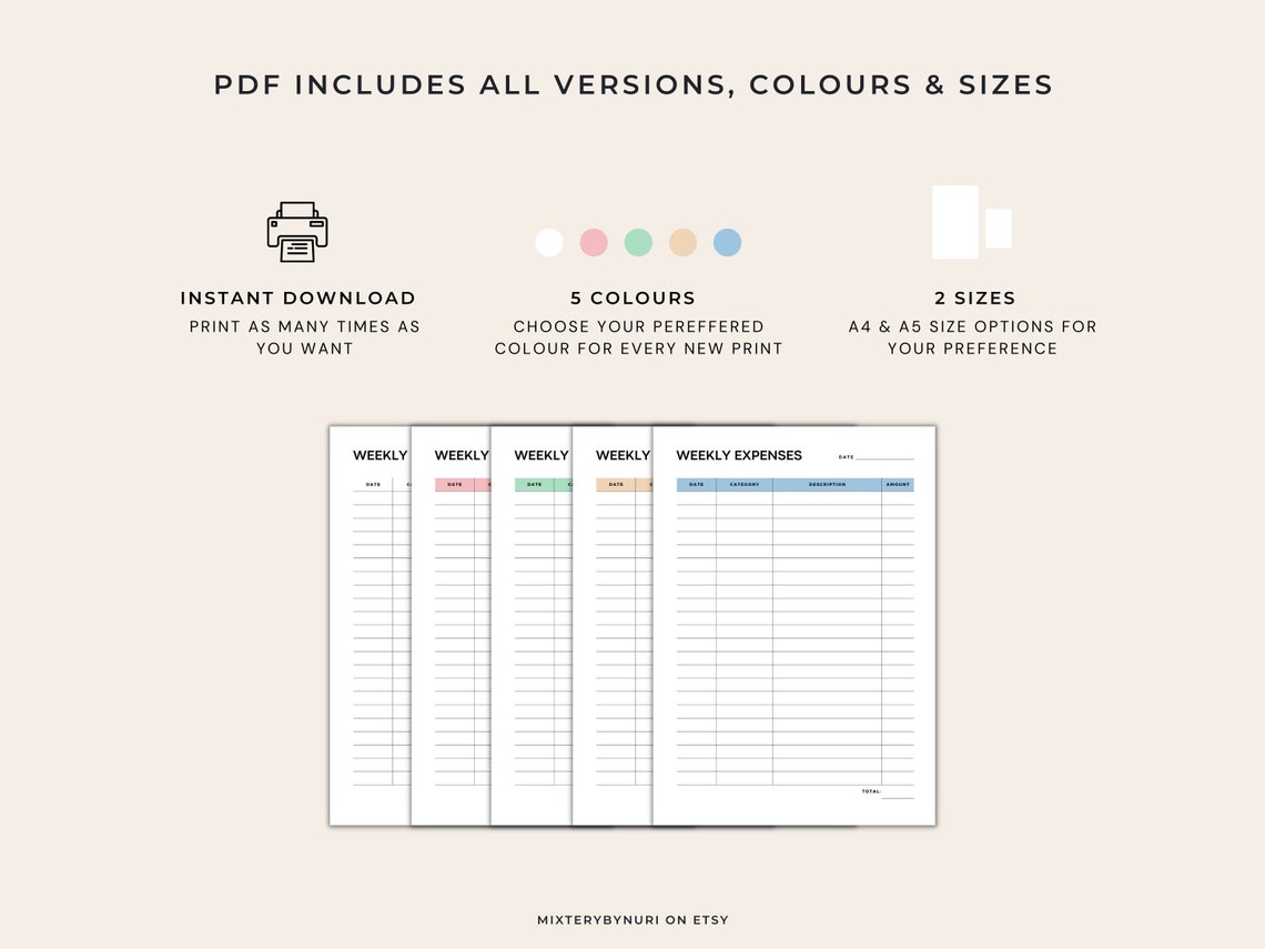 Simple Weekly Expense Tracker Printable, Weekly Spending Log, Money ...