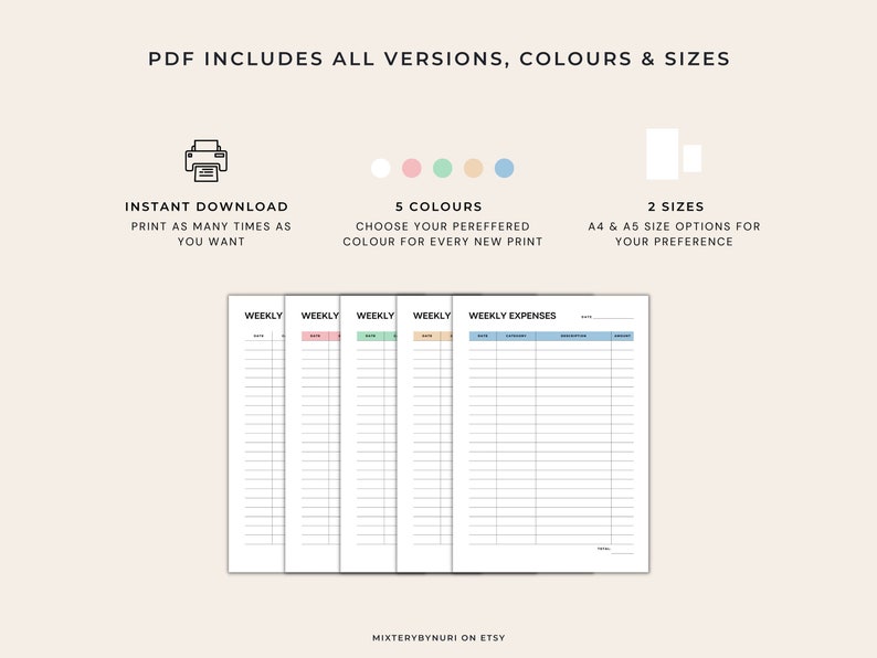 Simple Weekly Expense Tracker Printable, Weekly Spending Log, Money ...