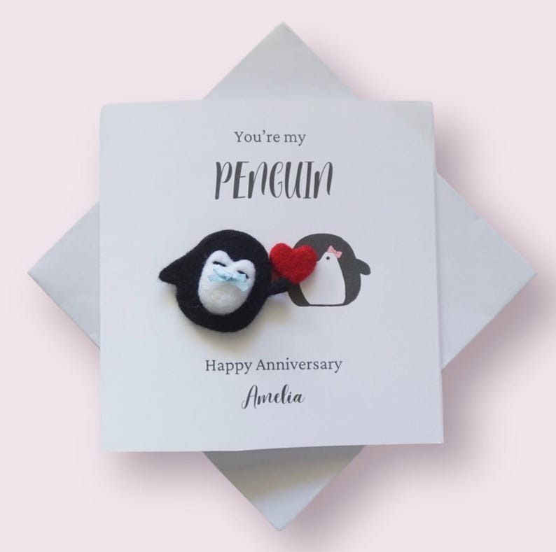 Handmade Anniversary Card | Felted Penguin Couple | Magnet, Brooch Gift ...