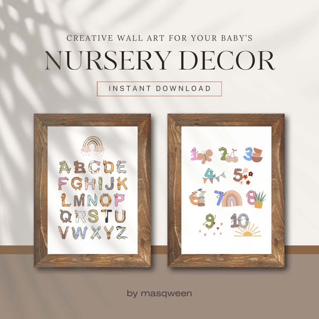 Boho Rainbow Alphabet and Numbers Wall Art, ABC 123 Printable PDF, Set ...