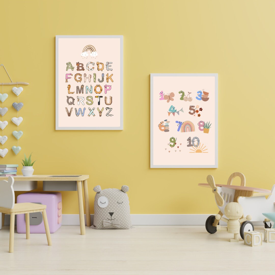 Boho Rainbow Alphabet and Numbers Wall Art, ABC 123 Printable PDF, Set ...