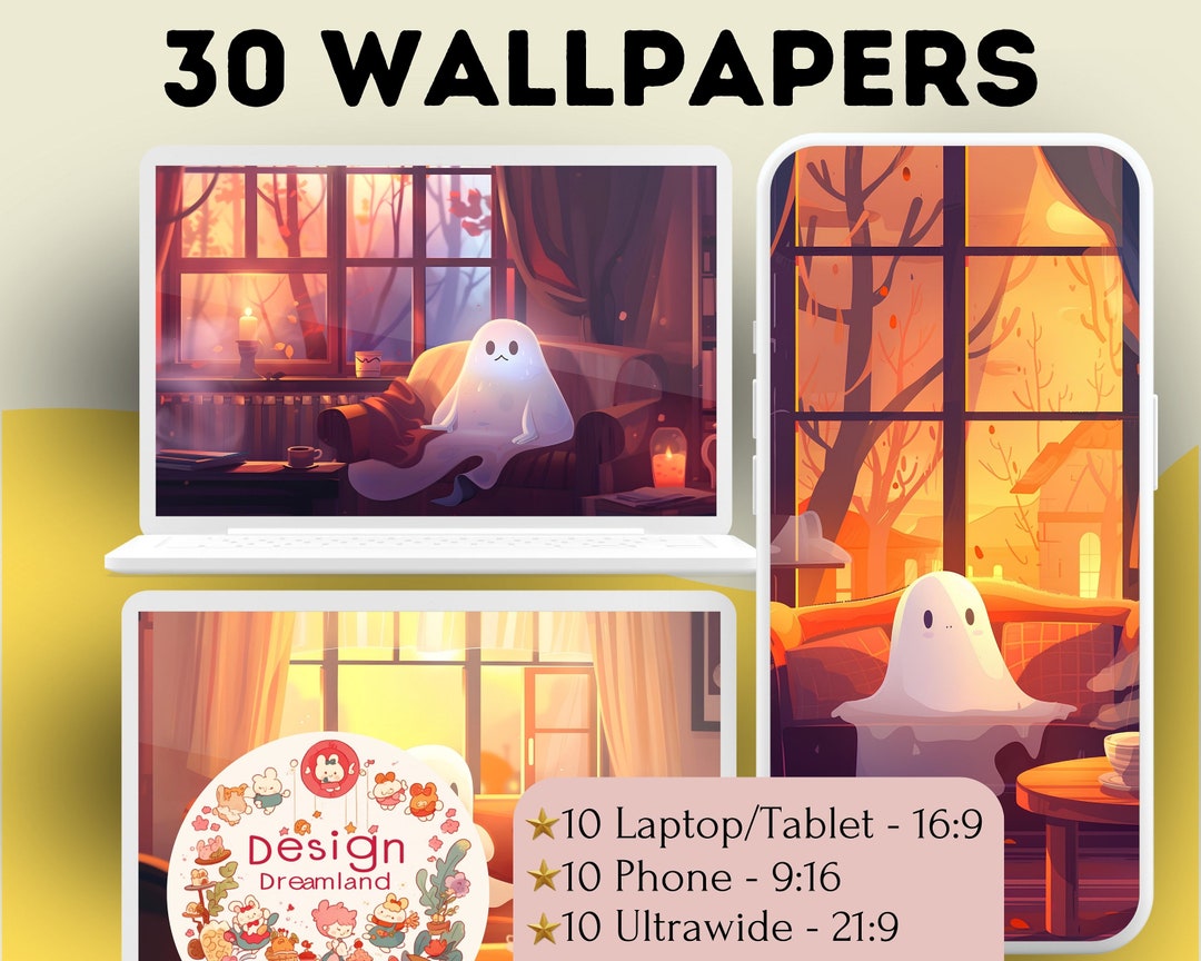 Cute Ghosts Wallpaper, Halloween Lofi Plants Desktop Background ...