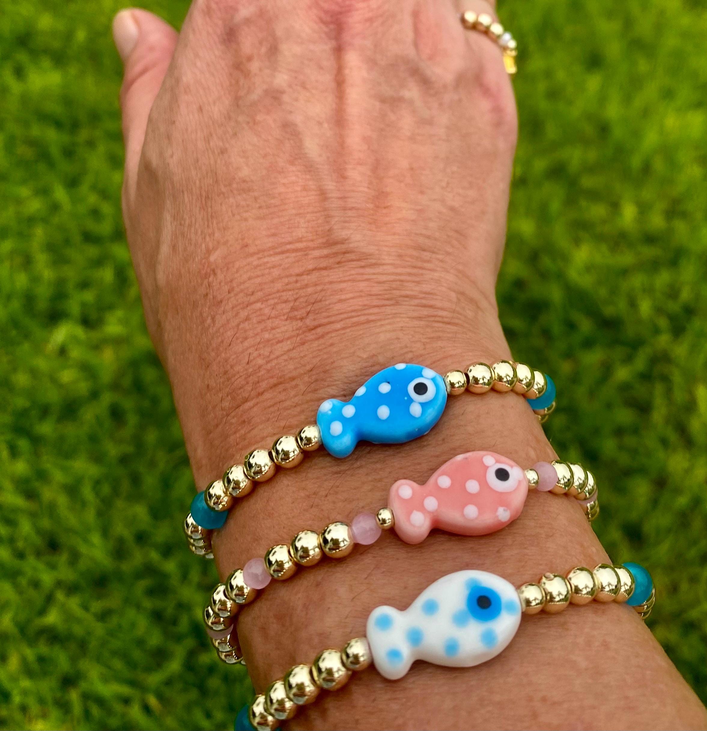 Ceramic Fish Charm Bracelet: 14K Gold Filled Beads, Colorful Beach ...