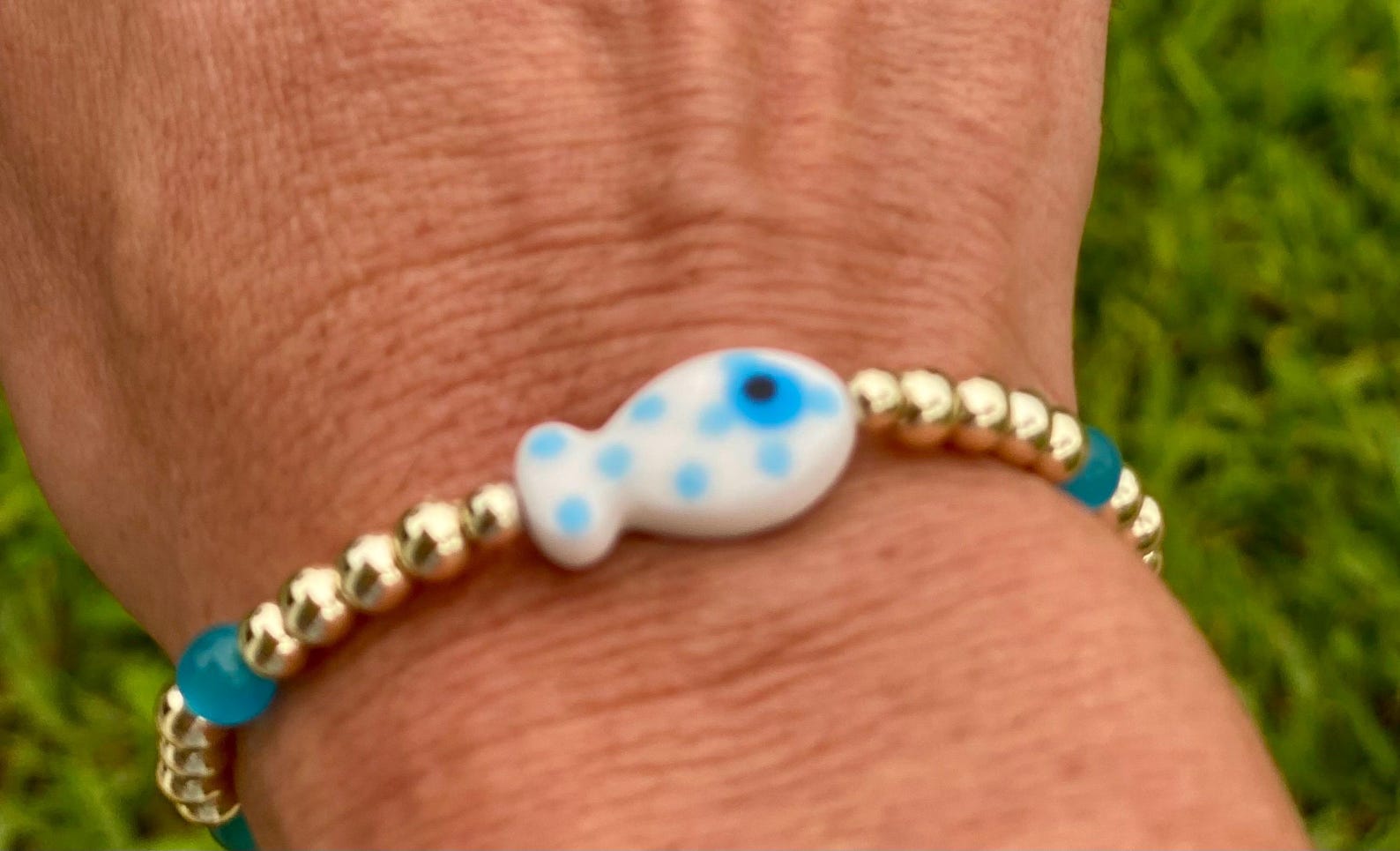Ceramic Fish Charm Bracelet: 14K Gold Filled Beads, Colorful Beach ...