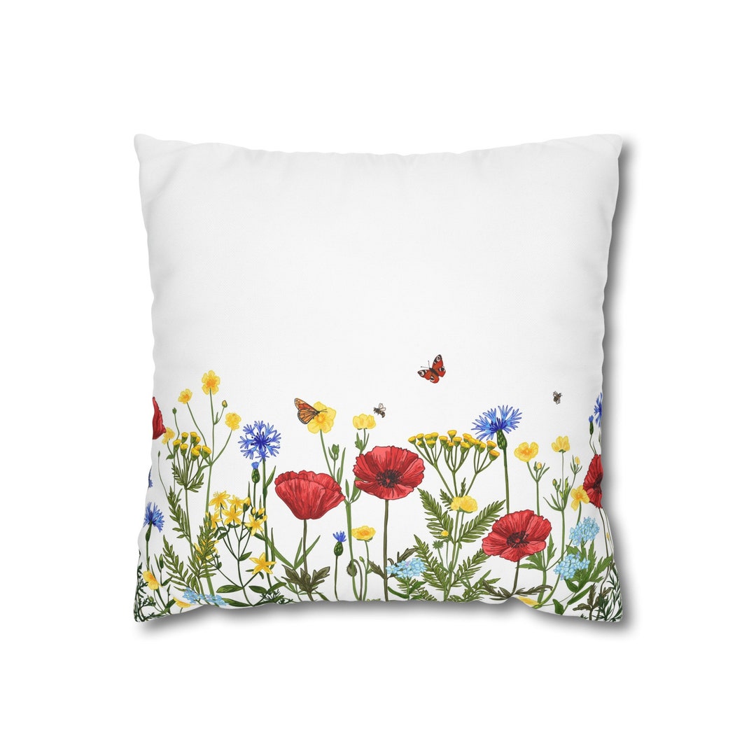 Wildflowers and Butterflies Square Poly Canvas Pillowcase in Five Sizes ...
