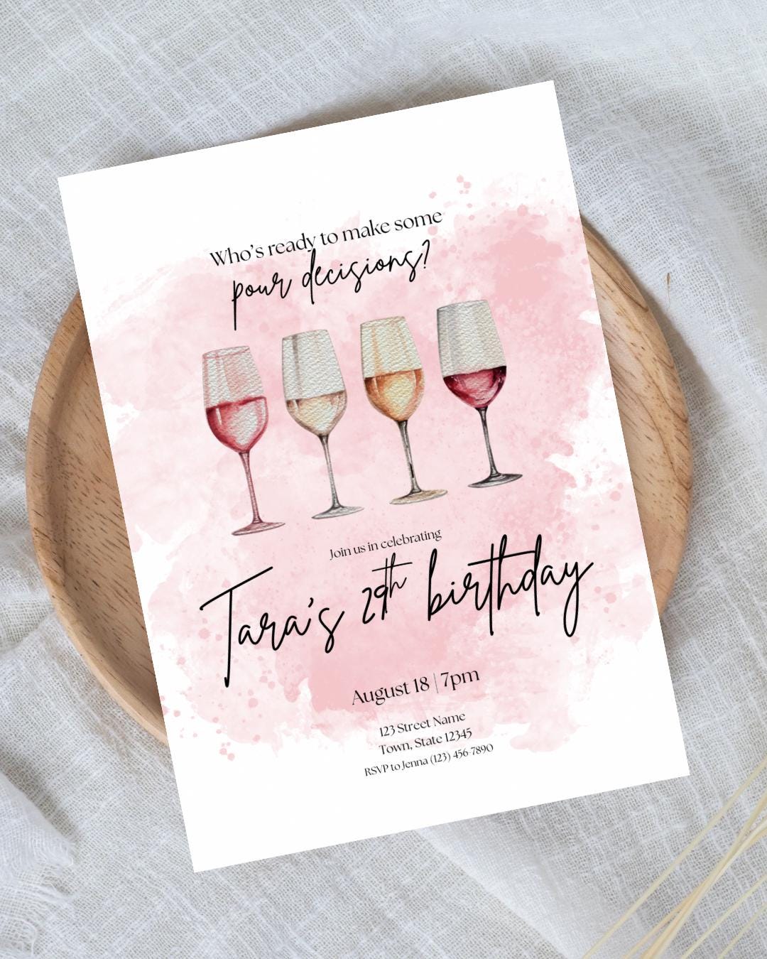 Wine Birthday Invitation: Funny Pour Decisions Party, Pink Watercolor ...