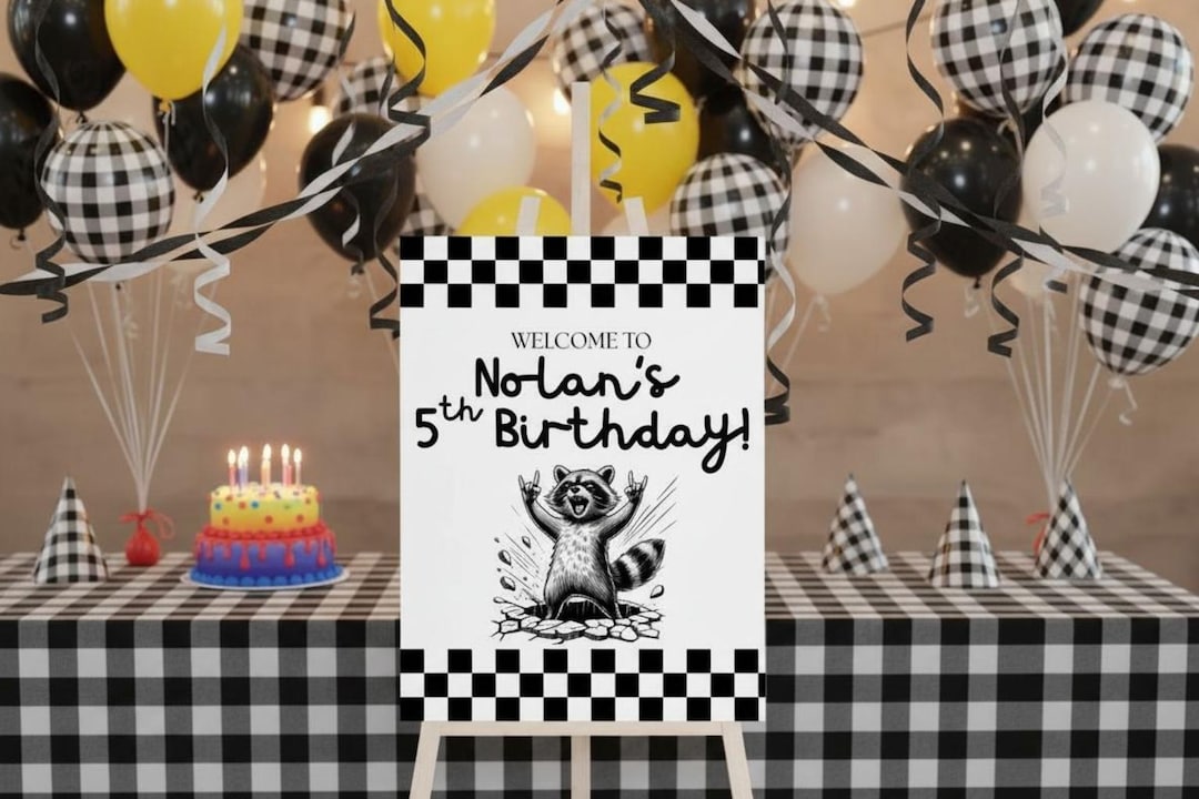 Feral and Five Birthday Welcome Sign | Raccoon Checkered Party Poster ...