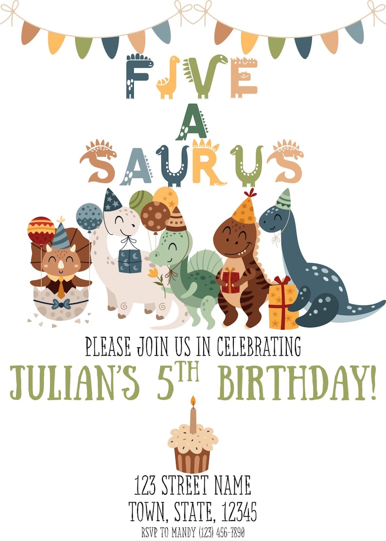 FIVE-A-SAURUS Dinosaur Birthday Invitation | Editable Kids Birthday ...
