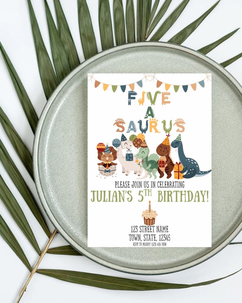 FIVE-A-SAURUS Dinosaur Birthday Invitation | Editable Kids Birthday ...