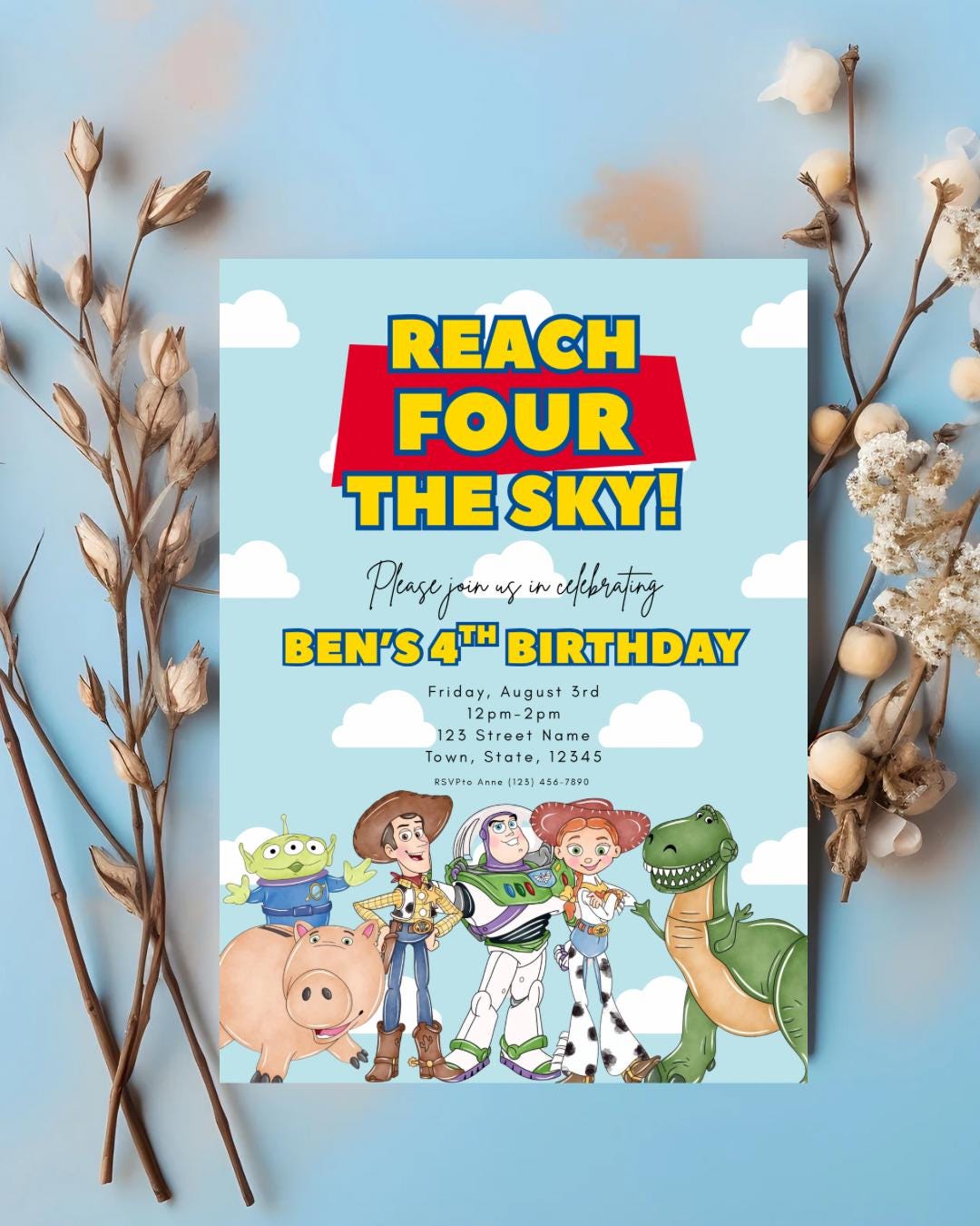 Reach FOUR the Sky Toy Birthday Invite | Editable 4th Birthday Template ...