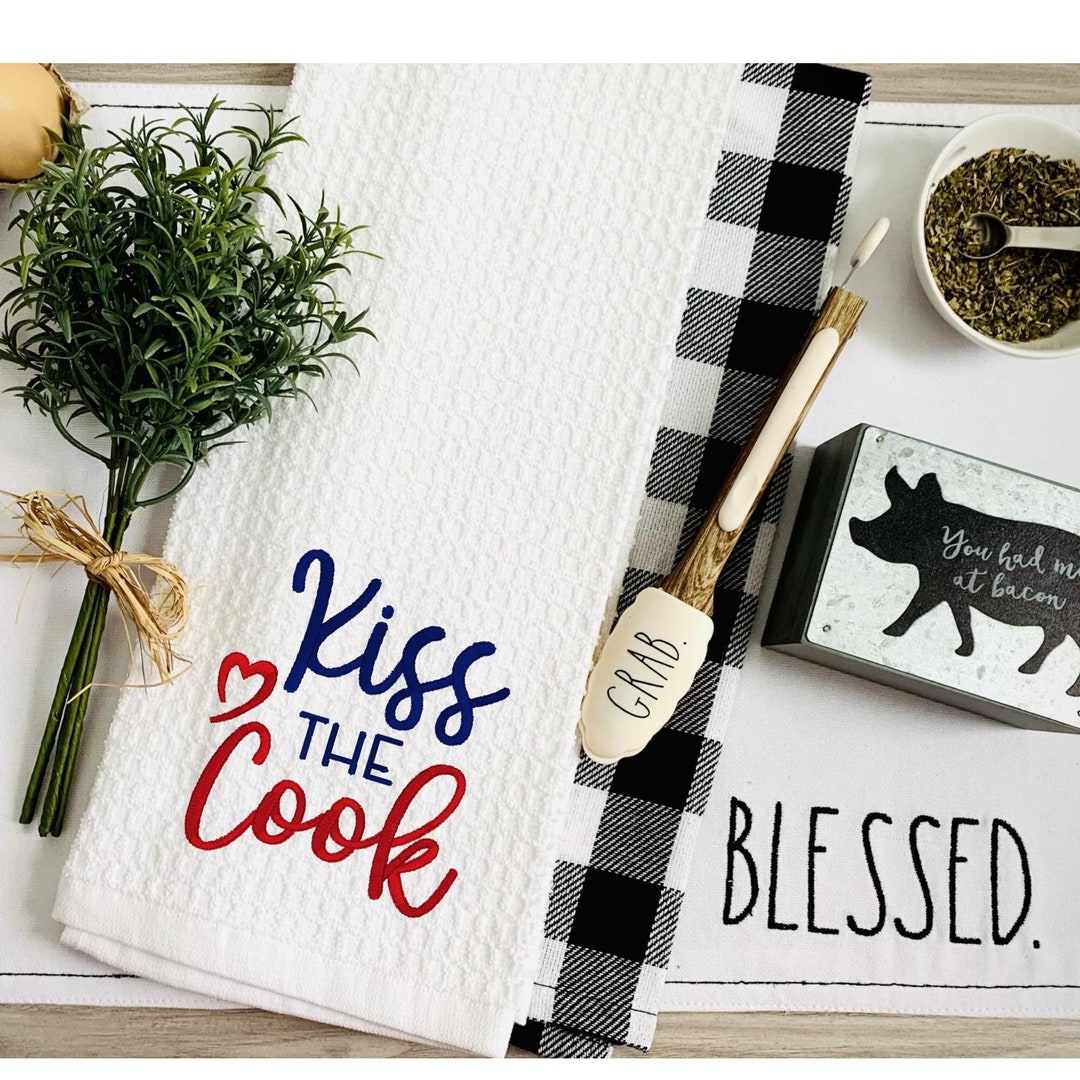 Kiss the Cook Embroidered Towel Unique Kitchen Towel With Embroidery ...